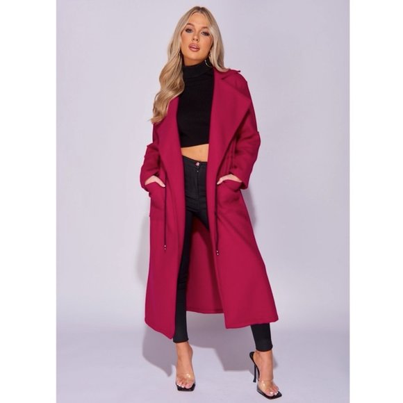 Jackets & Coats | Pink Wool Blend Long Sleeve Loose Fit Long Maxi Coat ...